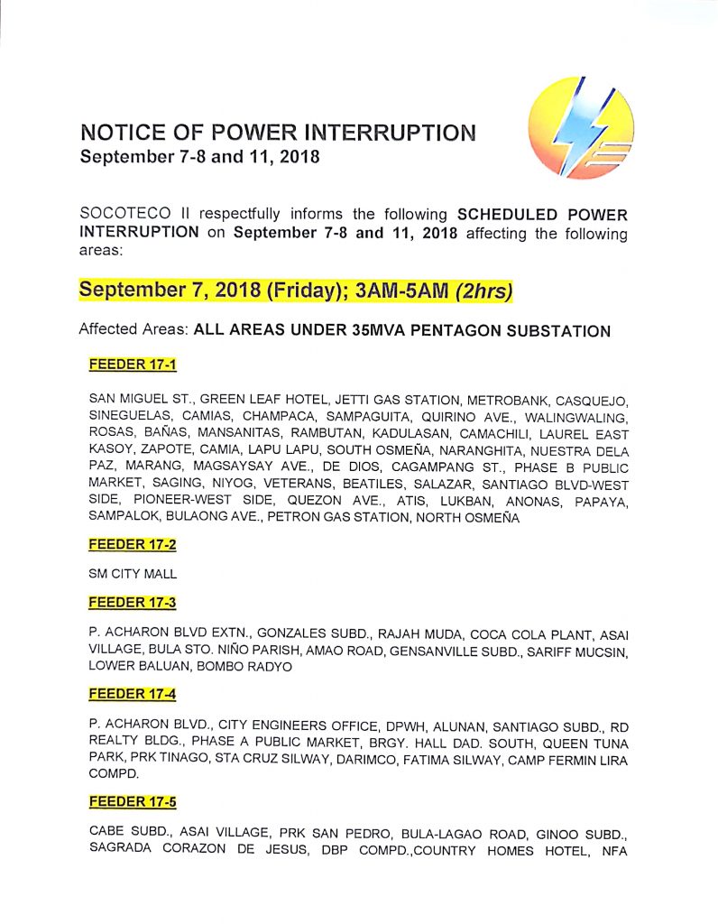 NOTICE OF POWER INTERRUPTION - SEPT. 7-8 AND 11, 2018 - Socoteco 2