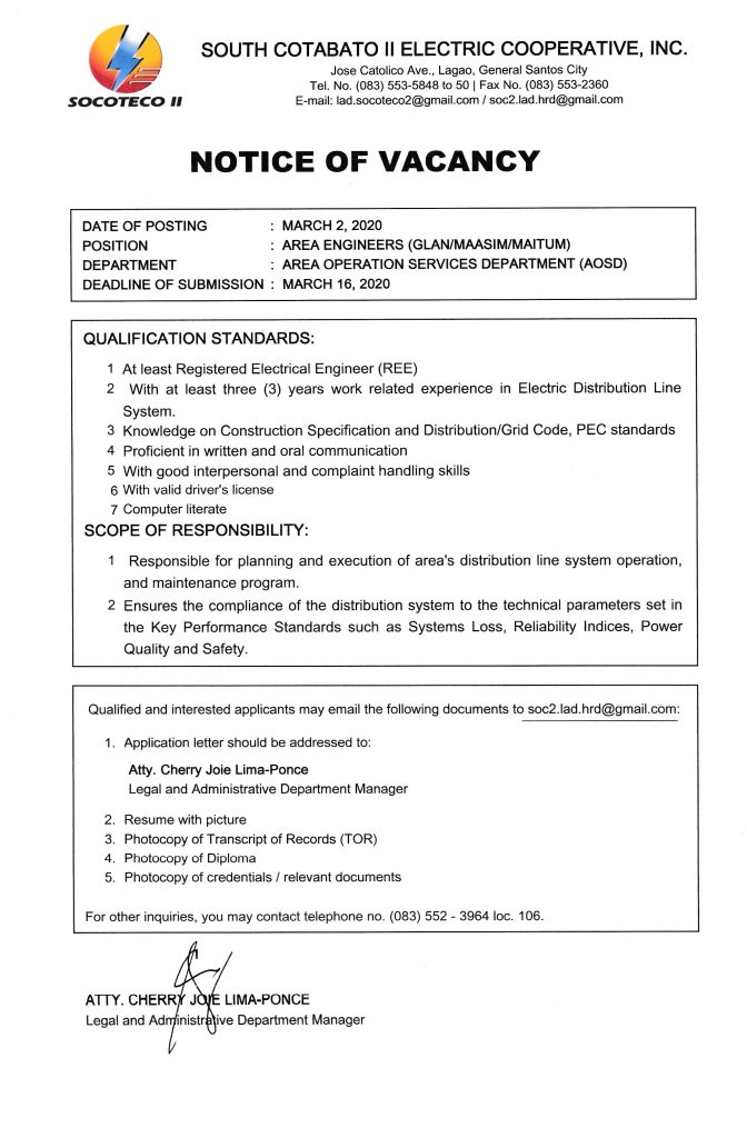 NOTICE OF JOB VACANCY Socoteco 2 notice-of-job-vacancy-socoteco-2