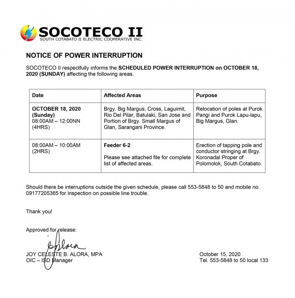 NOTICE OF POWER INTERRUPTION - Socoteco 2