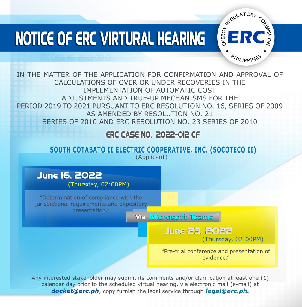 ERC OF ERC VIRTUAL HEARING - June 16 and June 23, 2022 - Socoteco 2 ERC OF ERC VIRTUAL HEARING - June 16 and June 23, 2022 - Socoteco 2