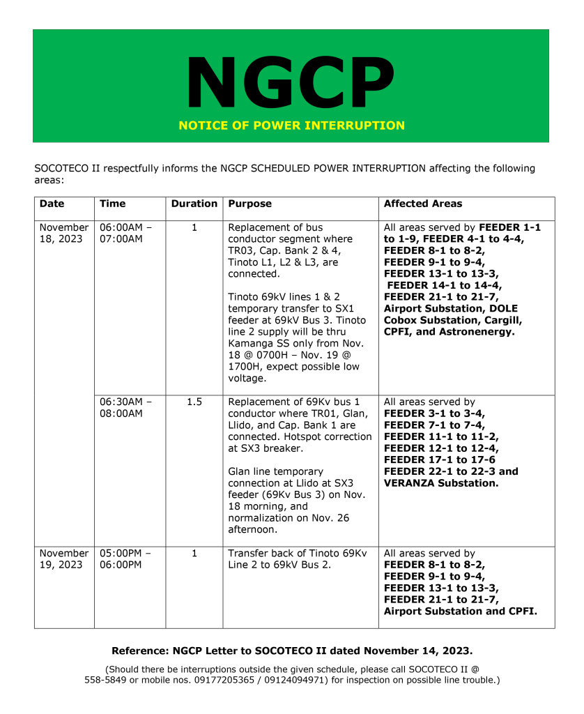 NGCP NOTICE OF POWER INTERRUPTION on November 18 and 19, 2023. - Socoteco 2